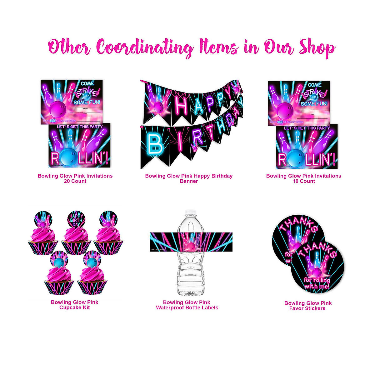 Bowling Party Favor Stickers - 20 Favor Bag Stickers - Bowling Party Thank You Tag - Bowling Party Supplies - Bowling Party Decorations - Glow Pink Stickers