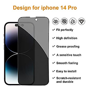 Pehael [2+2 Pack] iPhone 14 Pro Privacy Screen Protector with Camera Lens Protector Full Coverage Anti-Spy Tempered Glass Film 9H Hardness Upgrade Edge Protection Easy Installation Bubble Free Specially Designed for 2022 [6.1 inch]