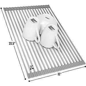 Sorbus Roll-Up Dish Drying Rack [Large 20.5'' X 13"] Over The Sink Drying Mat,- Multipurpose Dish Drainer - Fruits and Vegetable Rinser - Durable Silicone Covered Stainless Steel (Warm Gray)