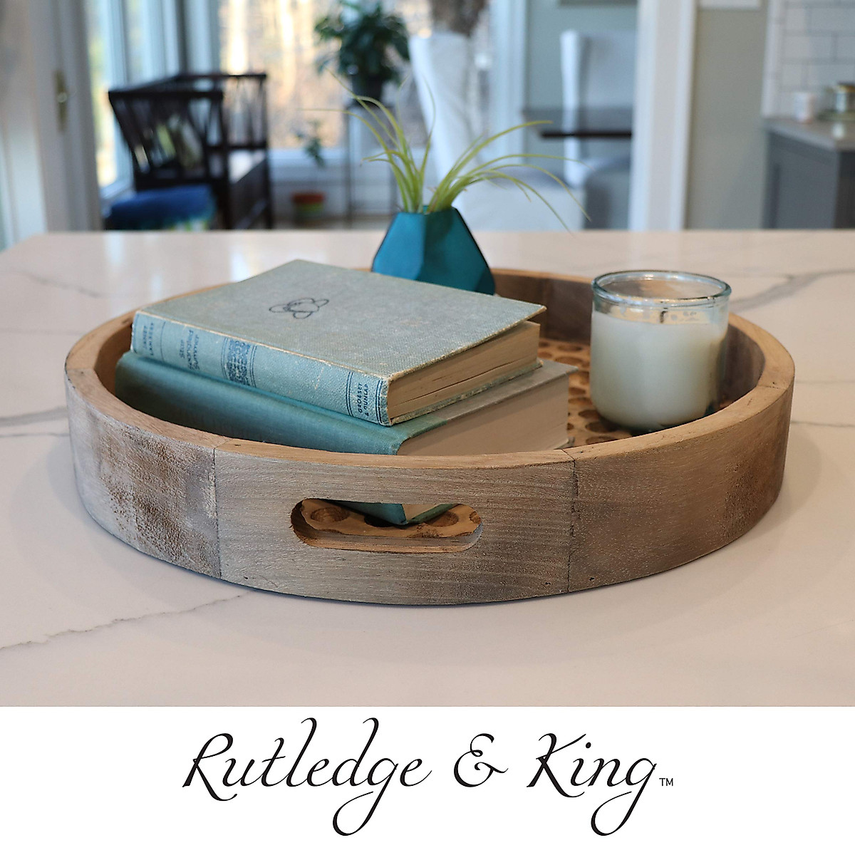 Rutledge & King Brighton Serving Tray - Ottoman Tray/Decorative Tray - Coffee Table Tray/Round Wooden Tray - Breakfast in Bed Tray with Handles - Rustic Wood Tray
