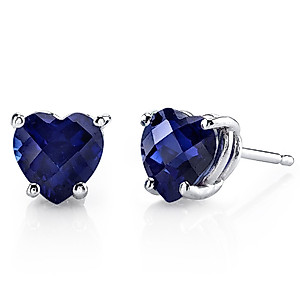 Peora Solid 14K White Gold Created Blue Sapphire Heart Stud Earrings for Women, Classic Solitaire Studs, 6mm, 2.30 Carats total, Friction Back