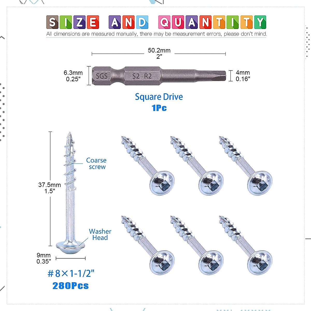 Glarks 280Pcs #8x1-1/2'' Pocket Hole Screws Zinc Coated Square Drive Self Tapping Coarse Thread Wood Screws for Wood and Sheet Metal (#8x1-1/2'' Coarse Thread)