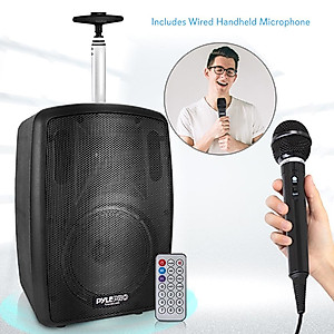 Pyle Wireless Portable PA Speaker System - 360W Bluetooth Compatible Battery Powered Rechargeable Outdoor DJ sound Speaker Microphone Set with MP3 USB SD FM Radio RCA 1/4" Mic In Wheels PPHP8MBA,Black