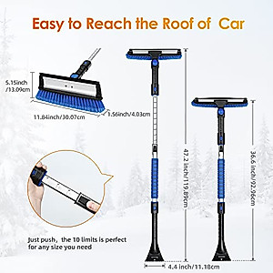 AstroAI 47.2" Ice Scrapers for Car Windshield, 3 in 1 Sturdy Snow Brush with Squeegee, 10 Adjustable Length Settings, Extendable Aluminum Handle, 270° Pivoting Snow Scraper for Car, Truck, SUV(Blue)