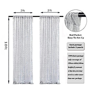 SweetEasy 2packs 2ftx10ft Sequin Glitter Photography Backdrop Curtain Panels Wedding Backdrop for Baby Shower Birthday Home Party Event Festival Restaurant Reception Arch Decoration (Silver)