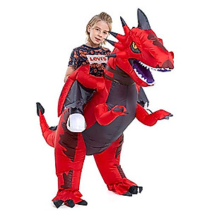 HSCTEK Inflatable Dragon Costume Kids Boys Girls, Inflatable Blow Up Costume Riding Dragon Costume Child, Inflatable Ride On Dragon Halloween Rider Costume Children, Red