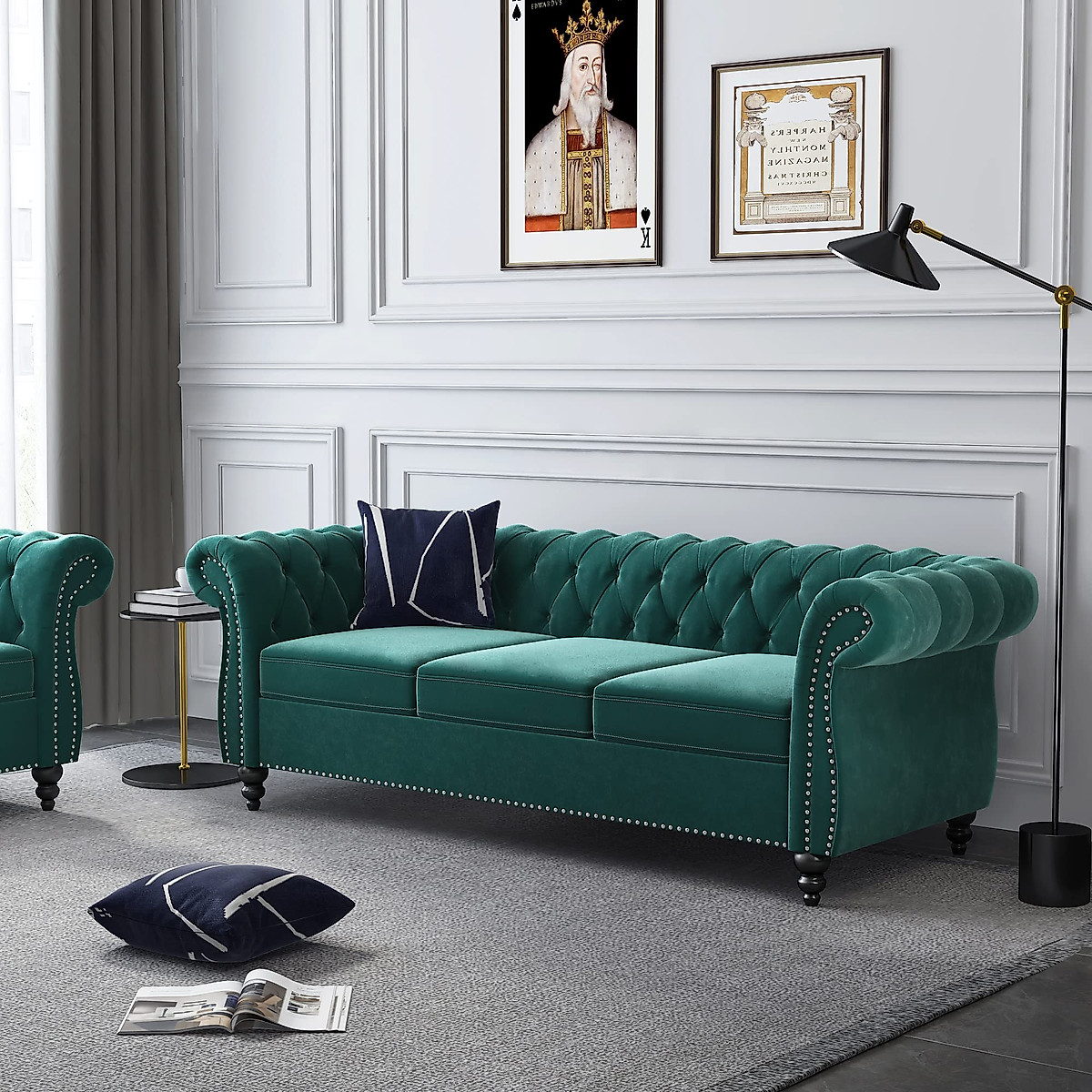 PHOYAL Large Sofa, Velvet Sofa Three-seat Sofa Classic Tufted Chesterfield Settee Sofa Modern 3 Seater Couch Furniture Tufted Back for Living Room (Green)