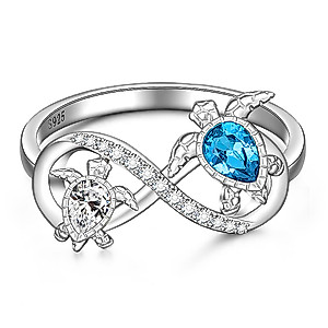 Turtle Ring Sterling Silver Infinity Rings for Women Mother Daughter Blue Sapphire Ocean Wave Longevity Sea Turtle Jewelry Gifts Size 6