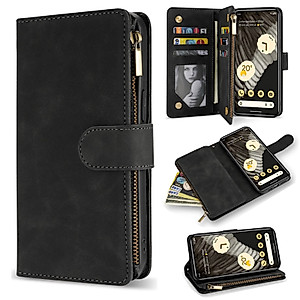 ZZXX for Google Pixel 7 Pro Case Wallet with RFID Blocking Card Slot Premium PU Leather Zipper Flip Folio Wallet with Wrist Strap Kickstand Protective for Google 7 Pro Wallet Case(Black 6.7 Inch)