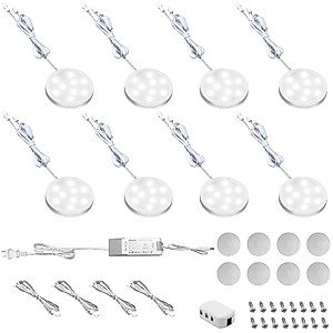 HURYEE Under Cabinet Lighting Puck Lights, 12V Linkable Led Puck Lights, Plug in/Hardwired, LED Driver, Dimmable Transformer Compatible with Most Dimmer Switch, 8 Pack Daywhite 6000K