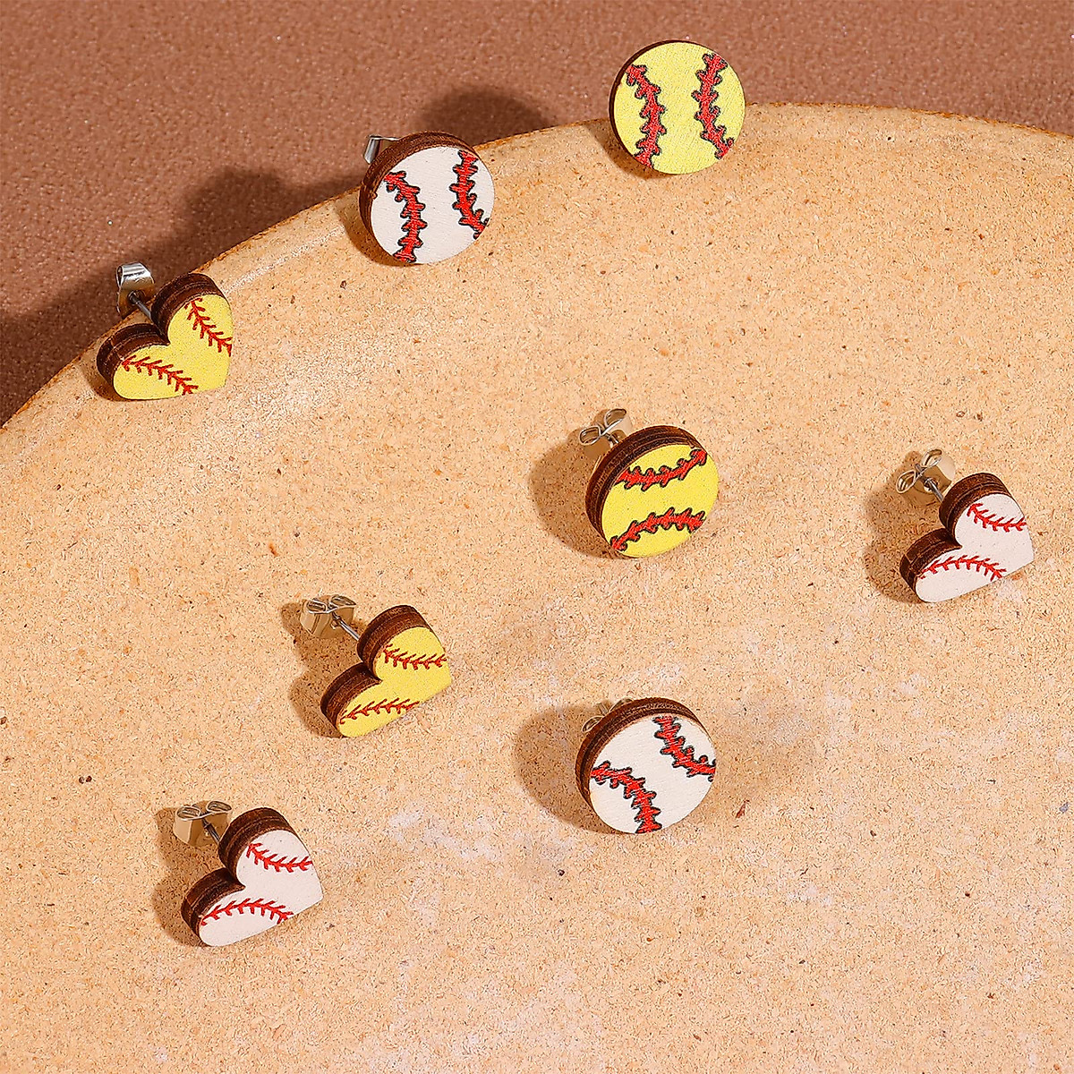 4 Pairs Baseball Earrings for Women Cute Football Earrings Wooden Baseball Stud Earrings Jewelry Fashion Ball Earrings for Womens（Set A）