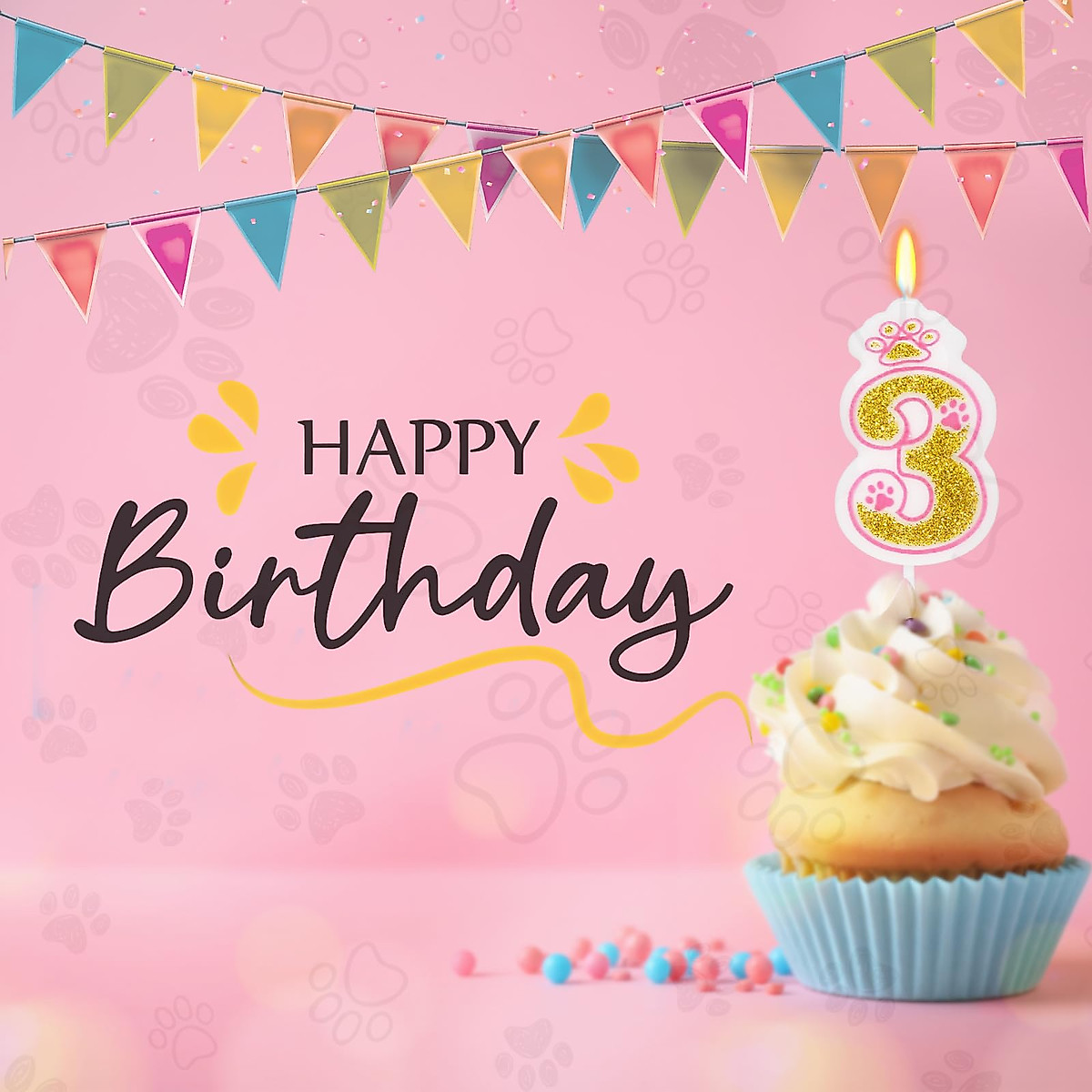 FAMGift Number 3 Pink Paw Birthday Candles - 3rd Birthday Cake Topper for Boy Girl Birthday Decoration, Cartoon Themed Party Supplies