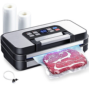 95Kpa Powerful Precision Pro Vacuum Sealer, with 10-in-1 Functions, Easy-Lock Handle, Double Heat Seal & Double Pump, Vacuum Sealer Machine for Food with Bags Storage, Built-in Cutter,Stainless Steel