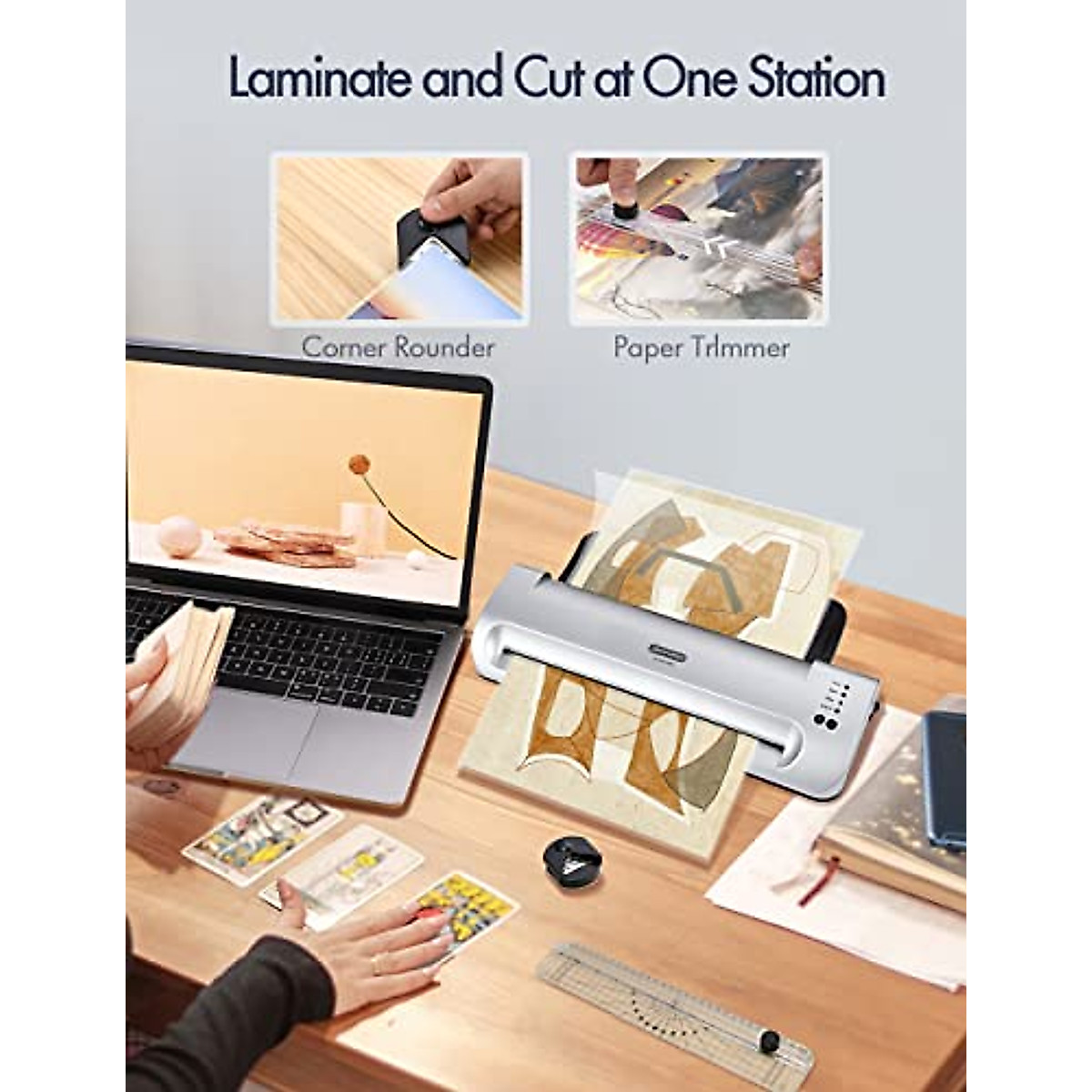 Laminator Machine, SINOPUREN 13-inch Thermal Laminator, with Paper Trimmer, Corner Rounder, 10 Pouches Sheets, Quick Warm-Up, Cold and Hot Laminating for Home/School/Office