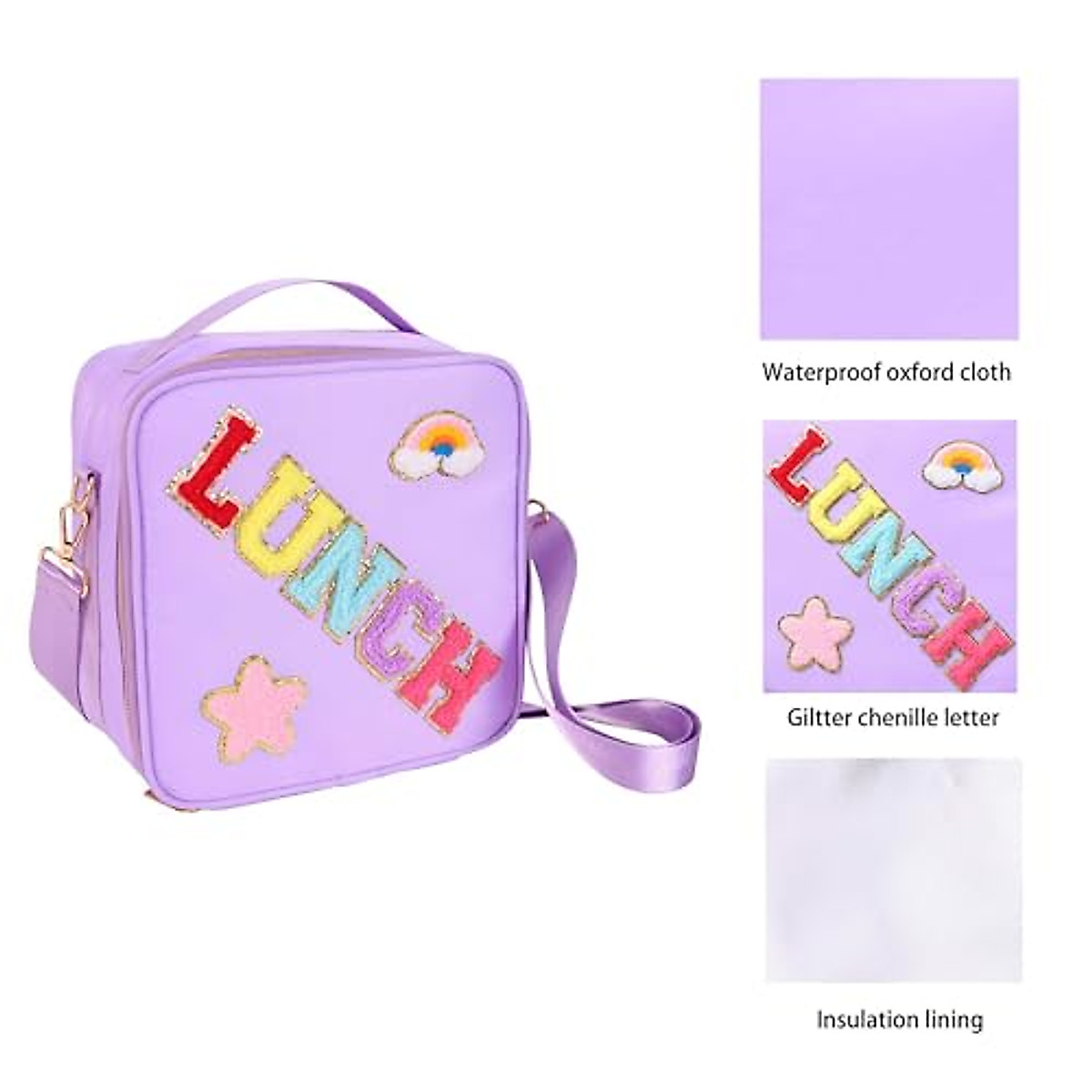 HASOIY Personalized Colorful Letter Patch Insulated Lunch Bag Custom Glitter Varsity Letters Reusable Lunchbox For Kids (purple)