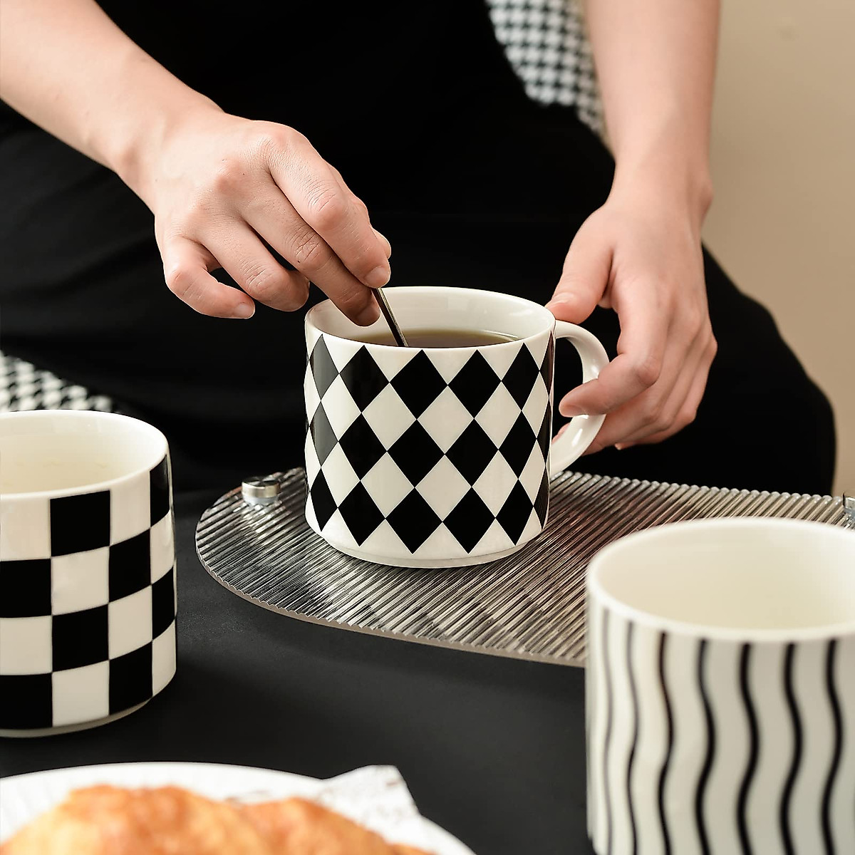 E-liu 14oz Ceramic Coffee Mug Set - 4 Patterns, Durable, Easy to Clean, Microwave & Dishwasher Safe, Perfect for Coffee, Tea, Hot Chocolate - Gift for Birthdays, Housewarming