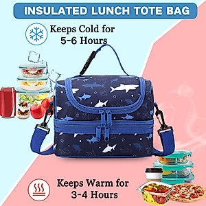VASCHY Lunch Box Bag Kids, Insulated Two Compartments Cooler Bags for Boys Girls w Shoulder Strap for School,Daycare,Kindergarten,Picnic Shark