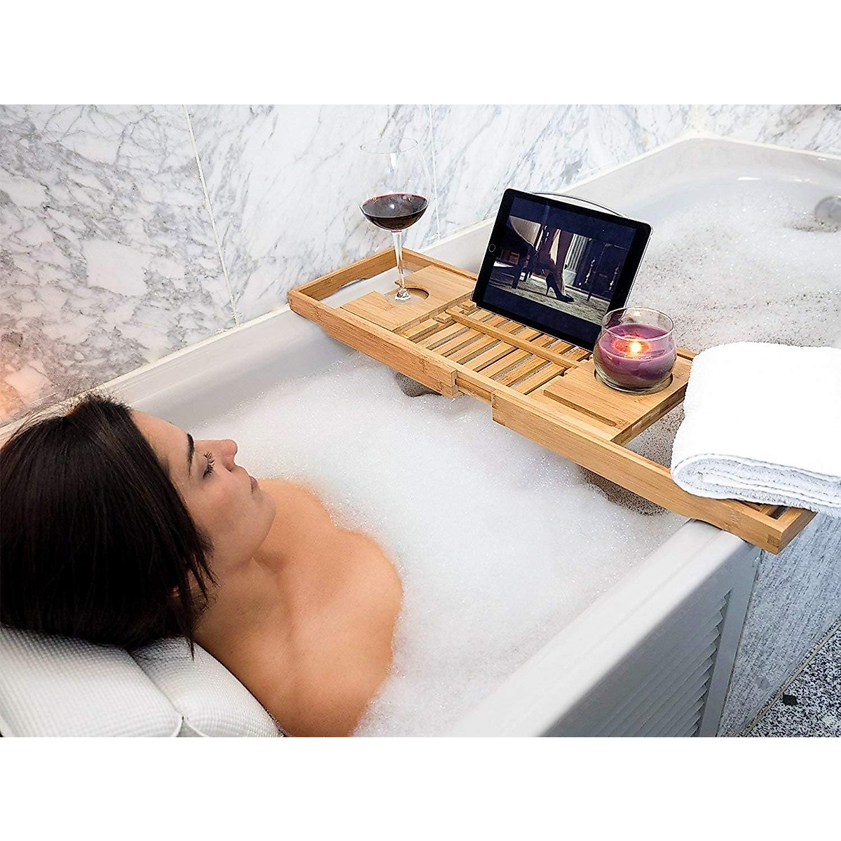 ZEZEN Bamboo Bath Caddy Tray | 100% Natural Bamboo Wooden Bathtub Tray with Book & Tablet Stand | Luxury Wine Glass Candle Holder | Natural Wood | Extendable Organiser for Bathroom Jacuzzi