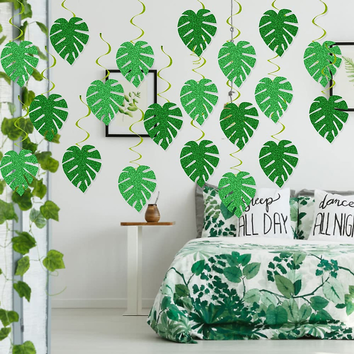 32Pcs Hawaiian Luau Party Decorations Palm Leaves Hanging Swirl,Tropical Safari Jungle Glitter Green Palm Leaves Decorations for Summer Beach Party Baby Shower Ceiling Hanging Foil Swirls