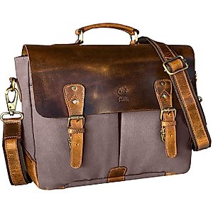 RUSTIC TOWN Leather Canvas Messenger Bag for Men Women - Vintage Laptop Satchel Leather Briefcase (15 Inch, Dark Grey)