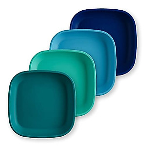 Re-Play Made in USA 7" Toddler Plates, Set of 4 Without Lid - 22 Oz. Deep-Walled and Stackable Plastic Plates, Dishwasher and Microwave Safe - 7.37" x 7.37" x 1.25" Kids Plates, True Blue