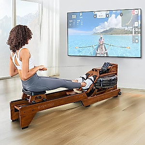 TOPIOM Water Rowing Machine for Home Use, Solid Wood Rower Machine with Upgraded Handle and Adjustable Footpad, TM3 Dedicated Monitor & Bluetooth Connection (Natural Adjust Footpad)