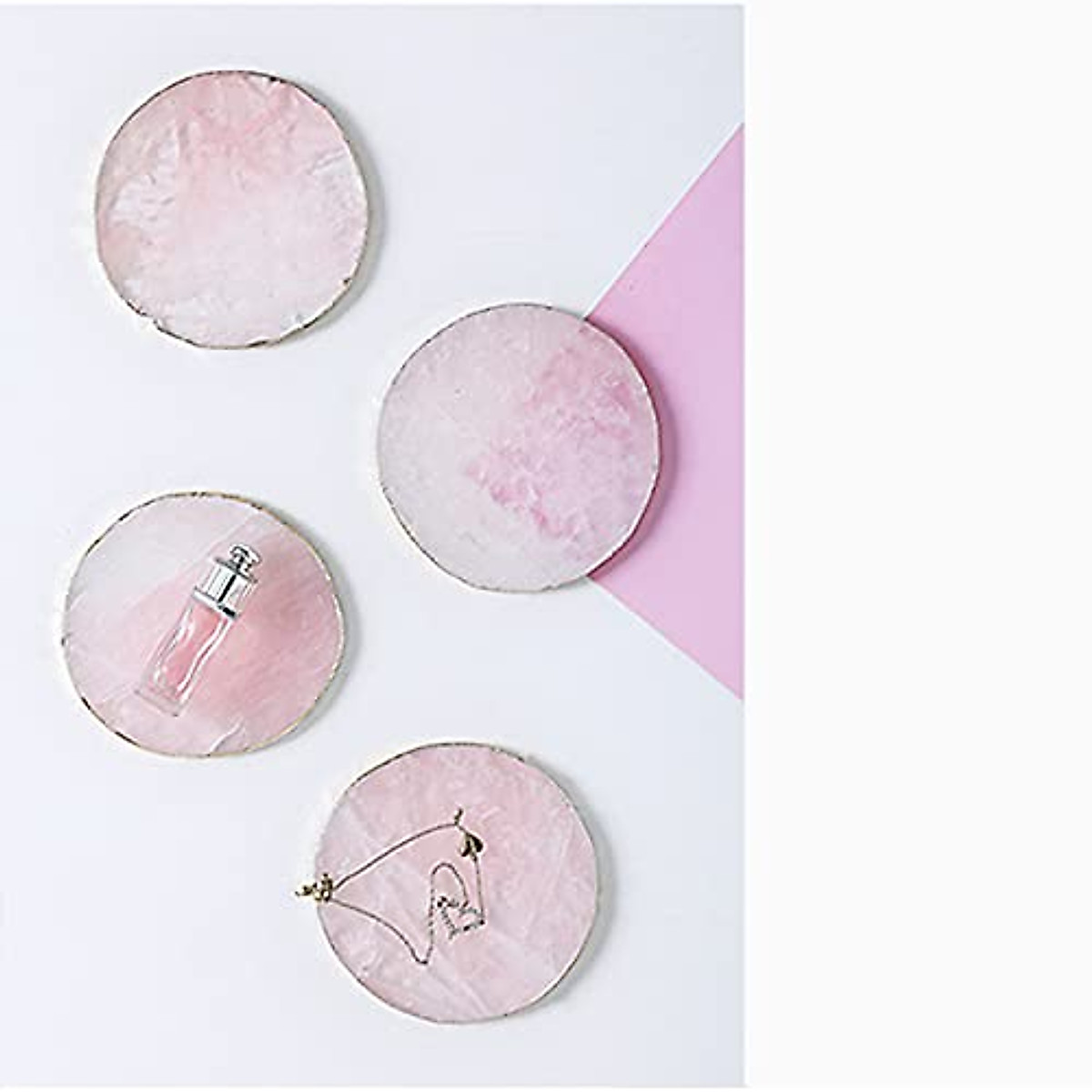 Rose Quartz Coaster Single with Stand (1Pcs),Pink Round Agate Coaster for Drinks,Natural Rose Crystal Stone with Golden Edge, Gemstone Geode Decor Gifts (1)
