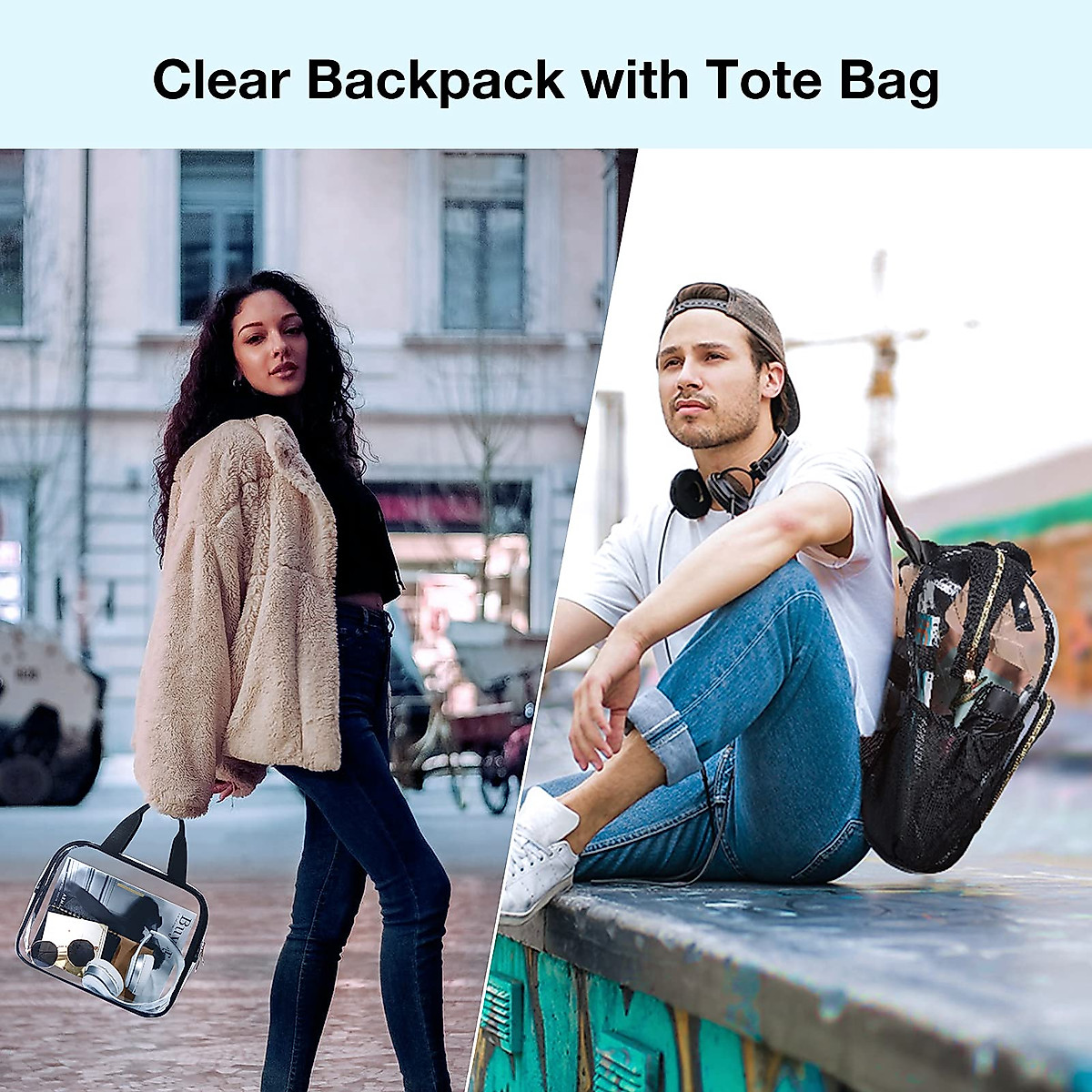 LIGHT FLIGHT Clear Backpack Heavy Duty Transparent Backpack Set See Through Bookbags Durable Backpacks for School, Security, Black