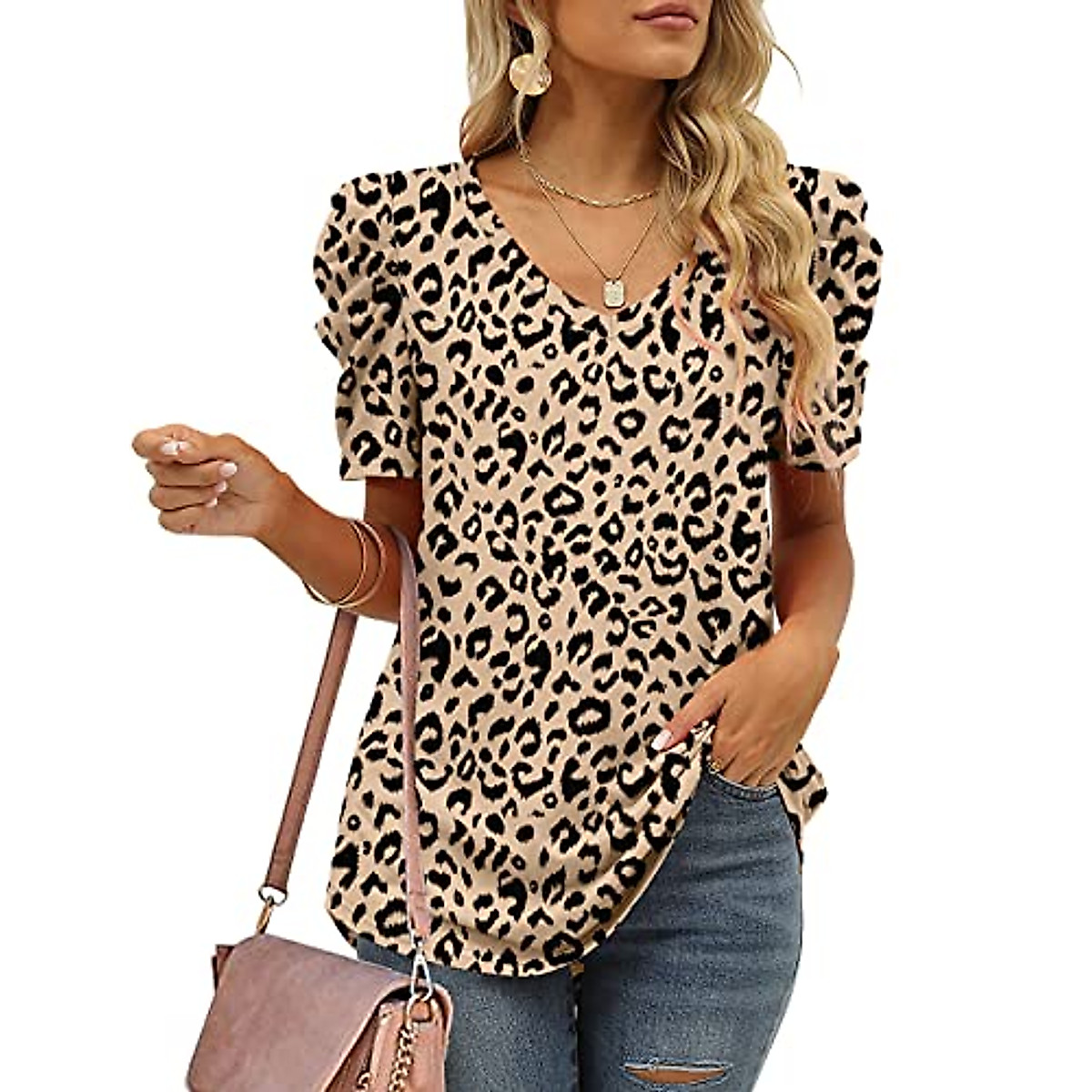 Oversized T Shirts for Women Leopard Print Tops V Neck Short Sleeve Shirts Loose Fit L