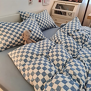 Hng Kiang Hu 4 Pieces Duvet Cover Sets Twin Size,100% Natural Cotton Pink Bedding Checkered Duvet Cover Set, Ultra Soft and Easy Care Breathable Cozy Bedding Set Collections (Blue, Full)