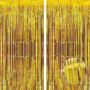 Thicken Gold Foil Fringe Curtains Decorations 3.2x8.2ft - 2 Pack, Photo Backdrop for Birthday Bachelorette Bridal Shower Baby Shower Graduation Party, Party Streams Decor