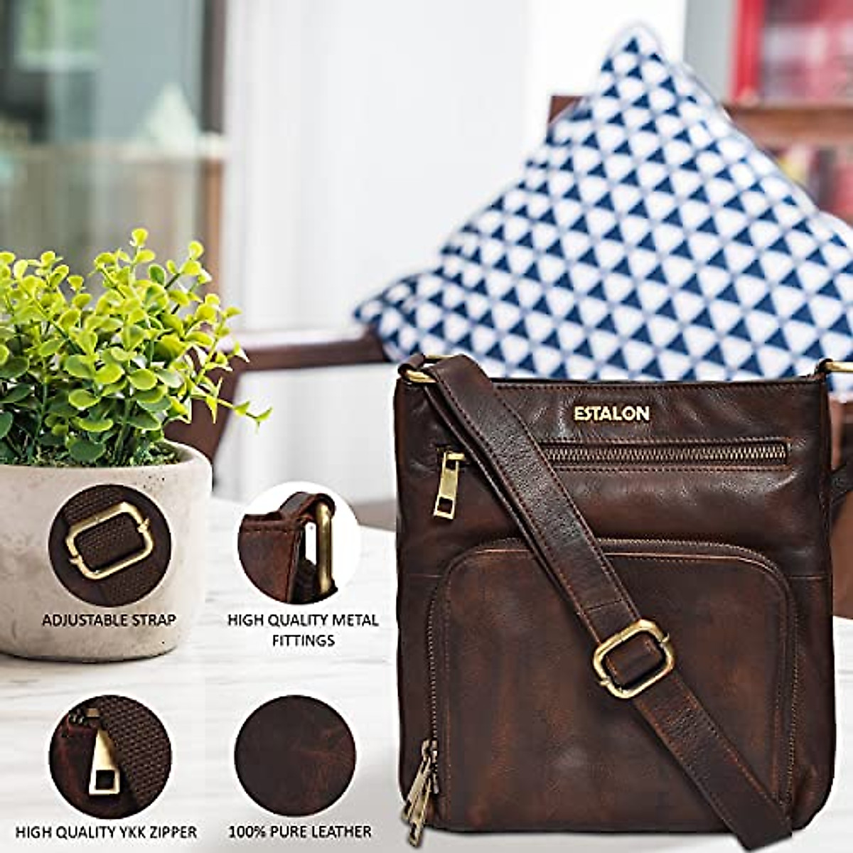 ESTALON Leather Crossbody Purses for women travel bags small shoulder bag crossover Bag for women (Coffee)