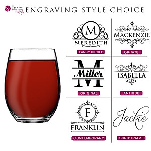 The Wedding Party Store, Personalized 15oz Stemless Wine Glass - Custom Engraved with Any Name and Initial