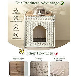 SETVSON Cat Litter Box Enclosure Cat Litter Box Furniture Hidden with Cat Litter Mat, Cat Litter Box Furniture with Two S-Shaped Hooks, Handwoven Rattan Cat House for Living Room, Bedroom, (White