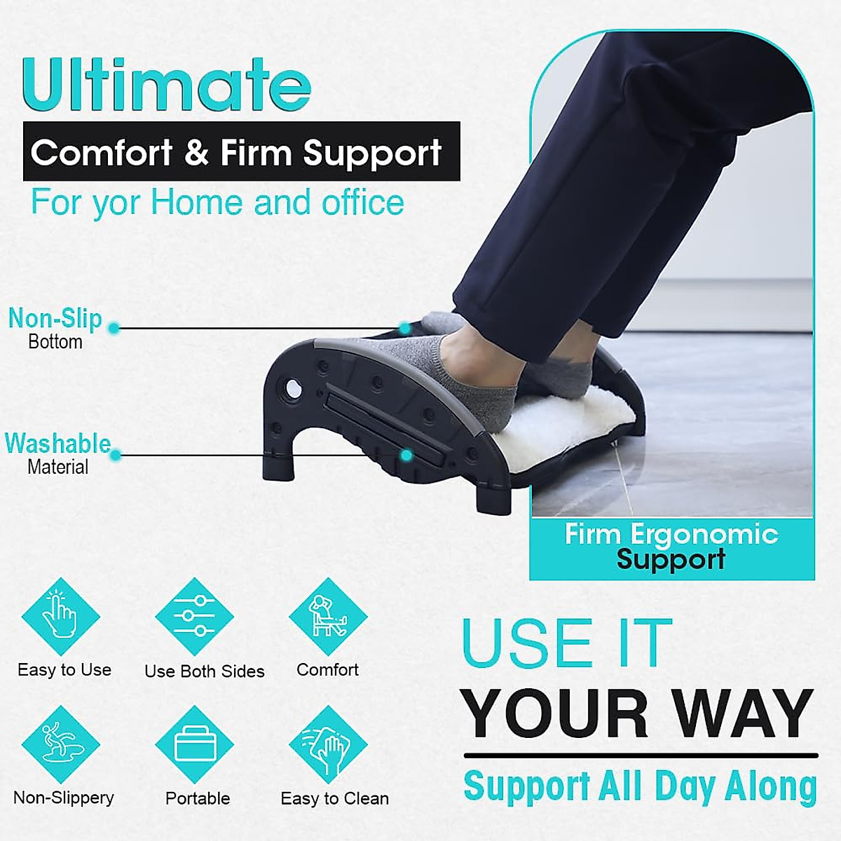 RAINFLY Adjustable Foot Rest Under Desk for Office Use - 30° Tilt Angle Desk Foot Rest Ergonomic Design Office Footrests with Cushion, Non-Slip and Portable Foot Rest for Travel - Black