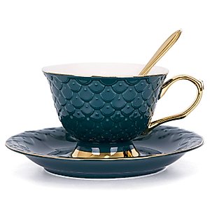 VanEnjoy Green Vintage 8 Ounces Porcelain Coffee Cup,Tea Cup and Saucer Set and Saucer with Decorative Scale Pattern, Vintage