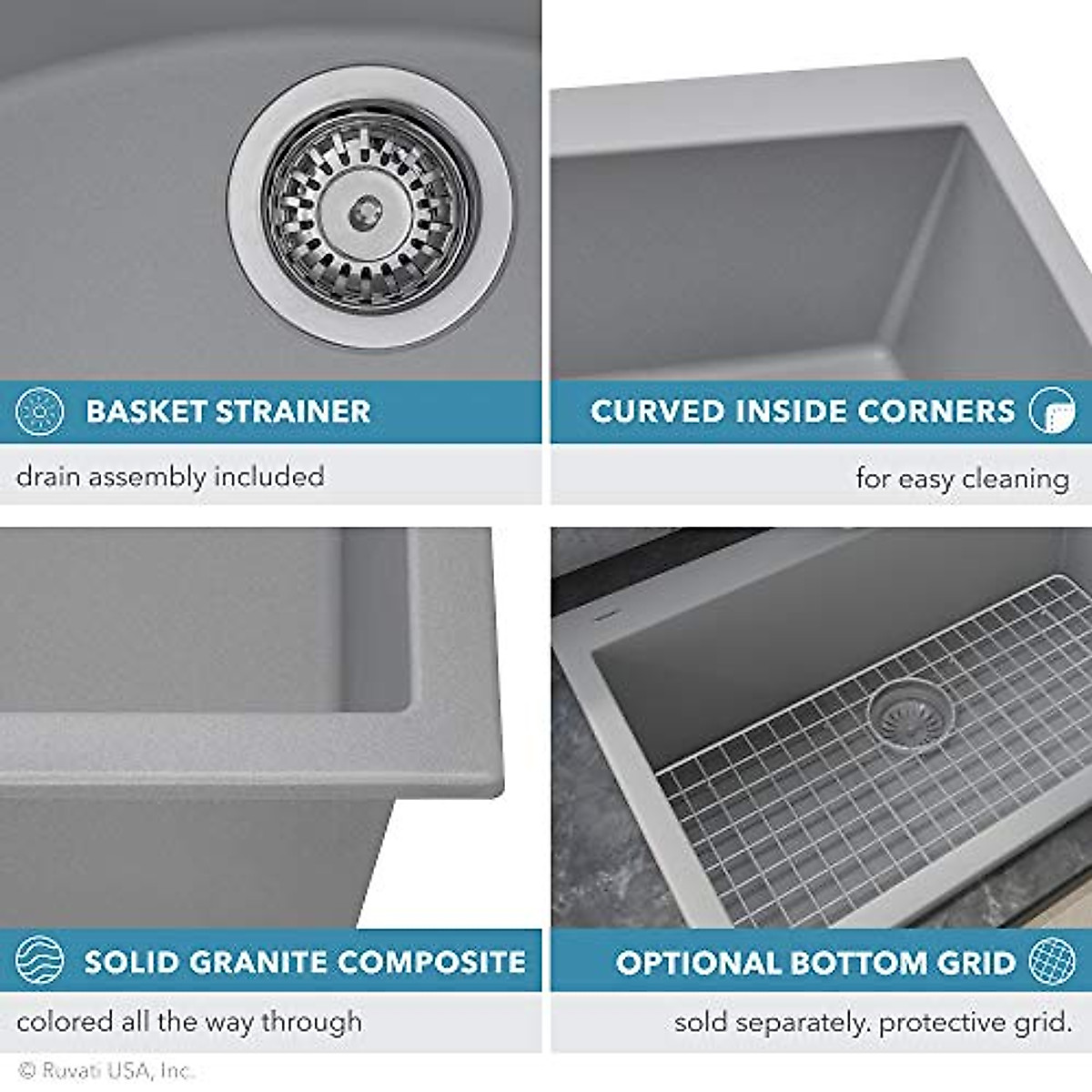 Ruvati 30 x 17 inch Granite Composite Undermount Single Bowl Kitchen Sink - Silver Gray - RVG2030GR