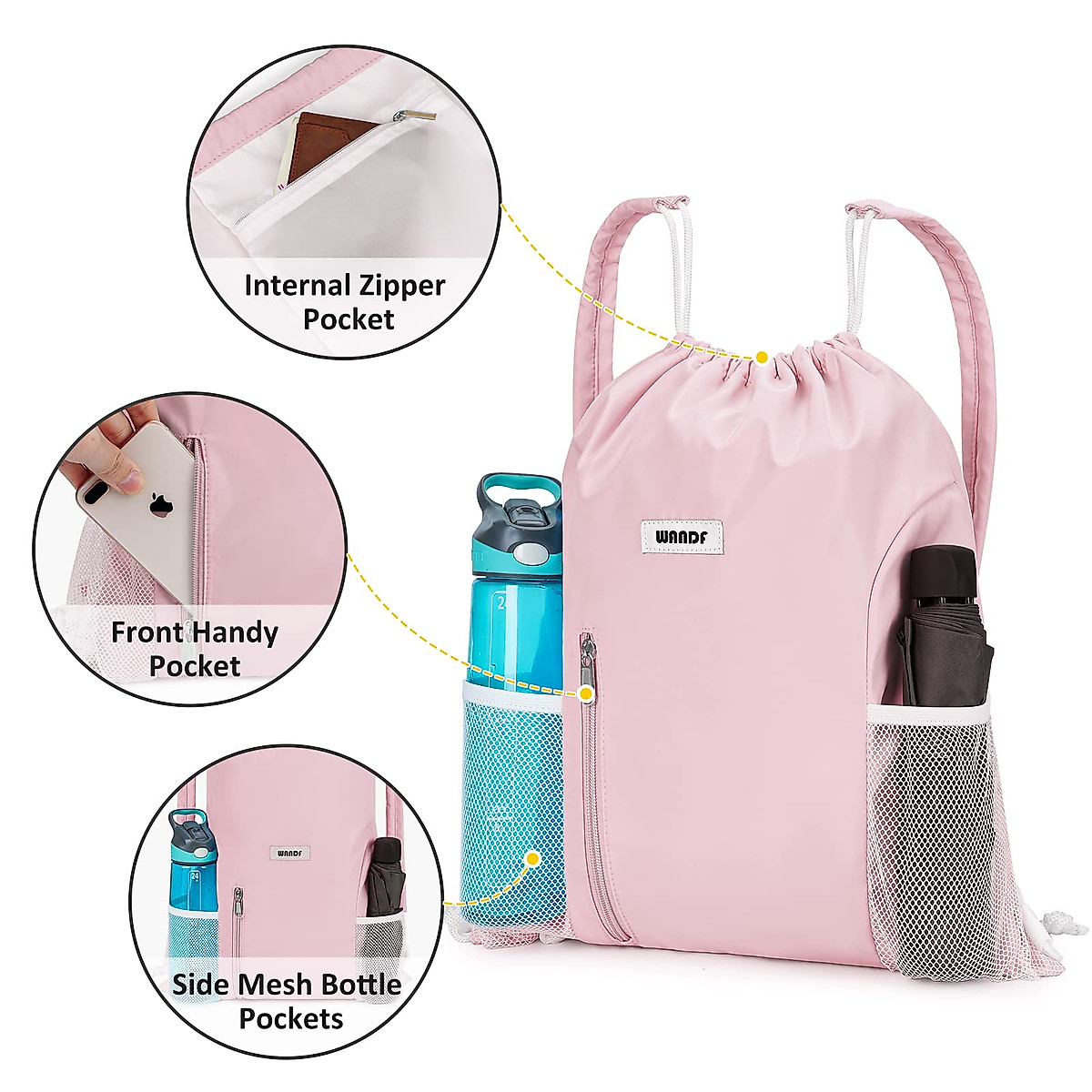 WANDF Drawstring Backpack with Shoulder Pad Sports Gym Backpack with Mesh Pocket String Bag for Women Men(Pink)