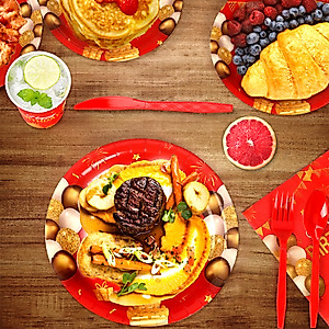 168 Pcs Red and Gold Party Supplies Tableware Set Happy Birthday Plates, Knife,Forks,Spoons, Cups and Napkins Table Decorations for Women Girls Birthday Party Decorations, 24 Guests