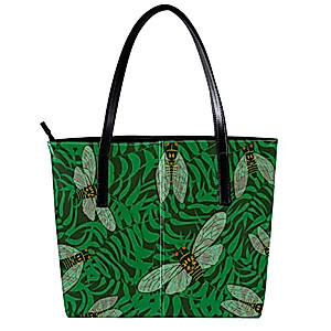 Large Leather Handbags for Women Cicada Insect with Green Forest Leaves Background Top Handle Shoulder Satchel Hobo Bag