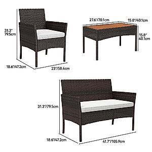 YITAHOME 4-Piece Patio Bistro Set, All-Weather Outdoor Patio Furniture Rattan Wicker Loveseat Conversation Set with Wooden Side Table and Soft Cushions, Brown+Beige