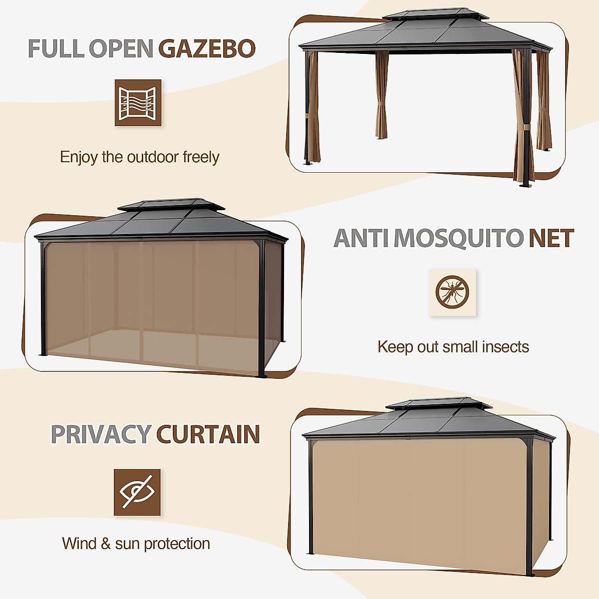 Flamaker Hardtop Gazebo Aluminum Frame Outdoor Gazebo with Privacy Curtains and Gauze Mesh Sunshade Pavilion Double Roof Canopy for Patio, Lawn, Deck, Poolside (Polyurethane Roof, 10' x 13')