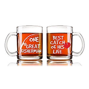 AW Fashions One Great Fisherman, Best Catch Of His Life Coffee Mug Couples Set 13oz - Gift for Husband and Wife - Him And Her Newlyweds Wedding Anniversary Bridal Gift Mr and Mrs Housewarming