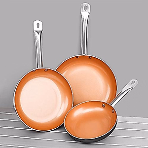 SHINEURI 6 Pieces Nonstick Copper Pans with Lid Copper Frying Pans Copper Nonstick Frying Pans Copper Pans with Lid Copper Skillets with Lid Ceramic Fry Pan Copper Pans for Cooking - 8/9.5/11 inch