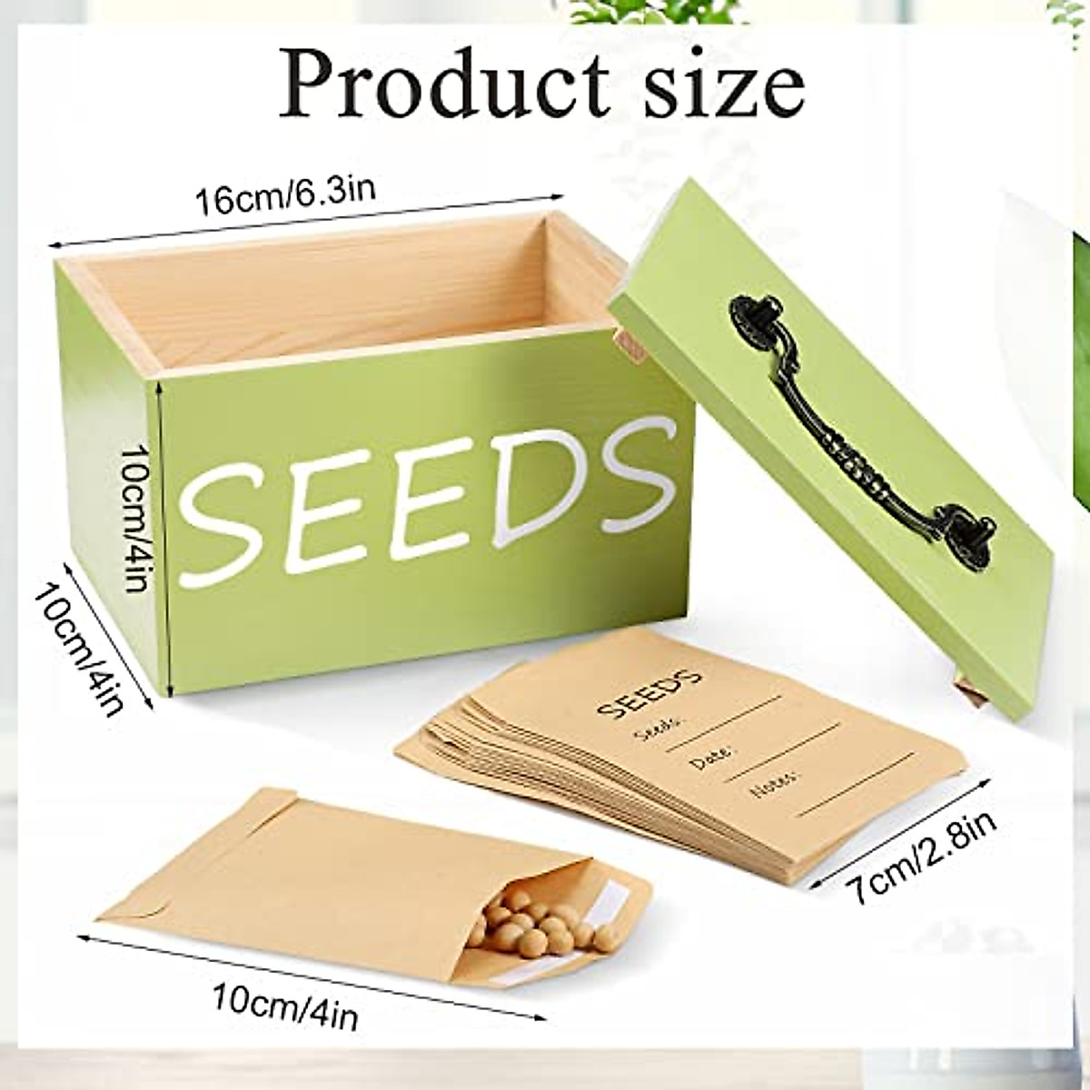 Seed Storage Box Organizer with 20 Pcs Resealable Self Stick Paper Seed Envelopes Wooden Compact Seed Packet Container with Lid Green Seed Storage Organizer Box Seed Packet Organizer