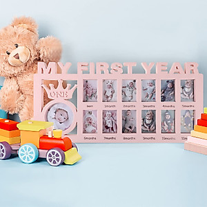 Newborn Baby Picture Frame My First Year Frame Baby Photo Frame 12 Month Baby Keepsake Frames Monthly Milestone Desktop Picture Frame for Photo Memories Baby 1st Birthday Mothers Day Gift (Pink)