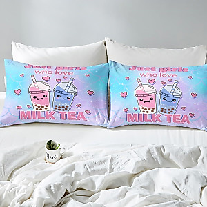 Cute Milk Tea Duvet Cover Twin Size,Purple Blue Ombre Fishscale Bedding Set 2pcs for Kids Teens,Cartoon Love Heart Comforter Cover Soft Quilt Cover Bedroom Decor Bedspread