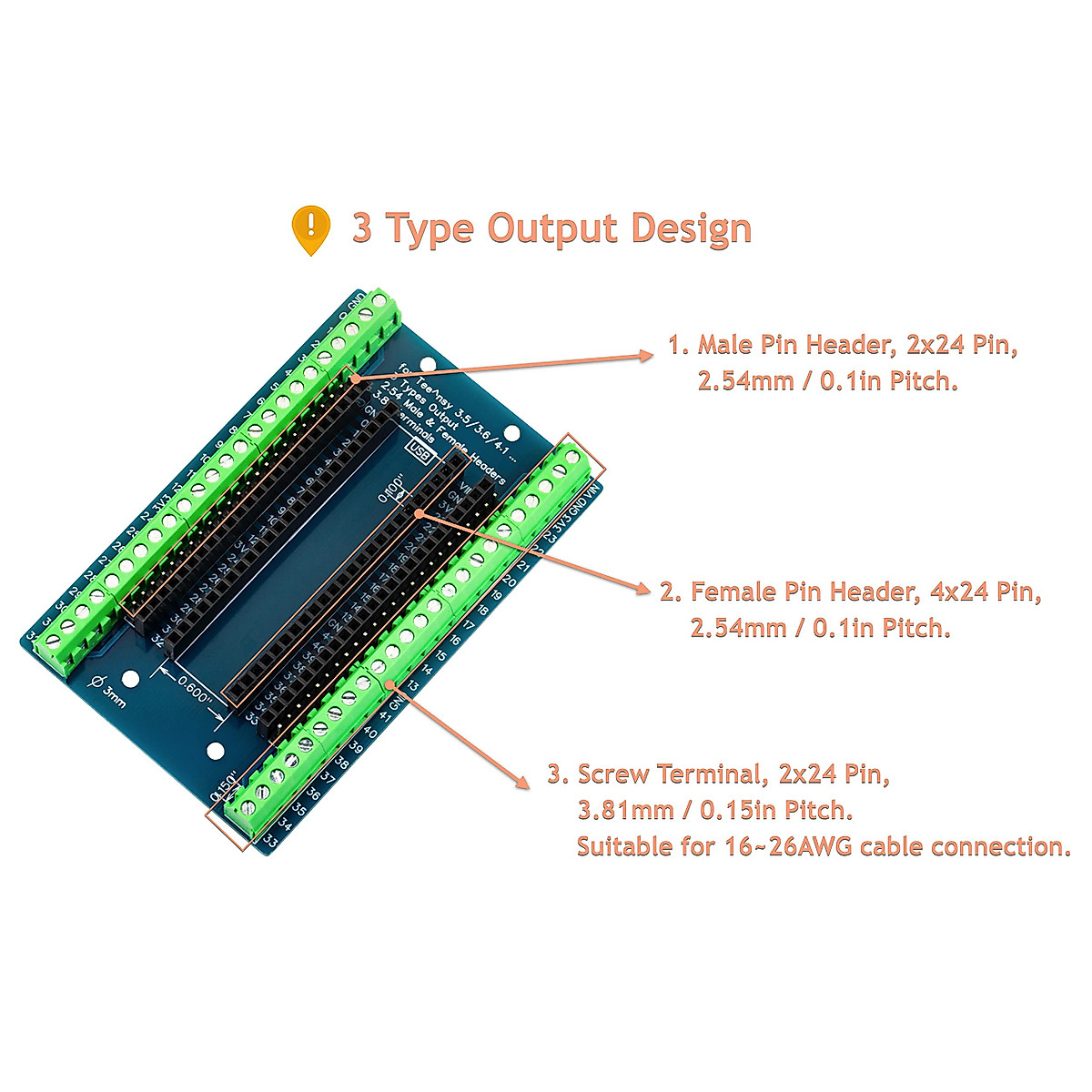 for Teensy 3.5/3.6/4.1 Module Breakout Board 48 Pin 3.81mm / 0.15" Screw Terminal Expansion Board 3 Types Output for Arduino