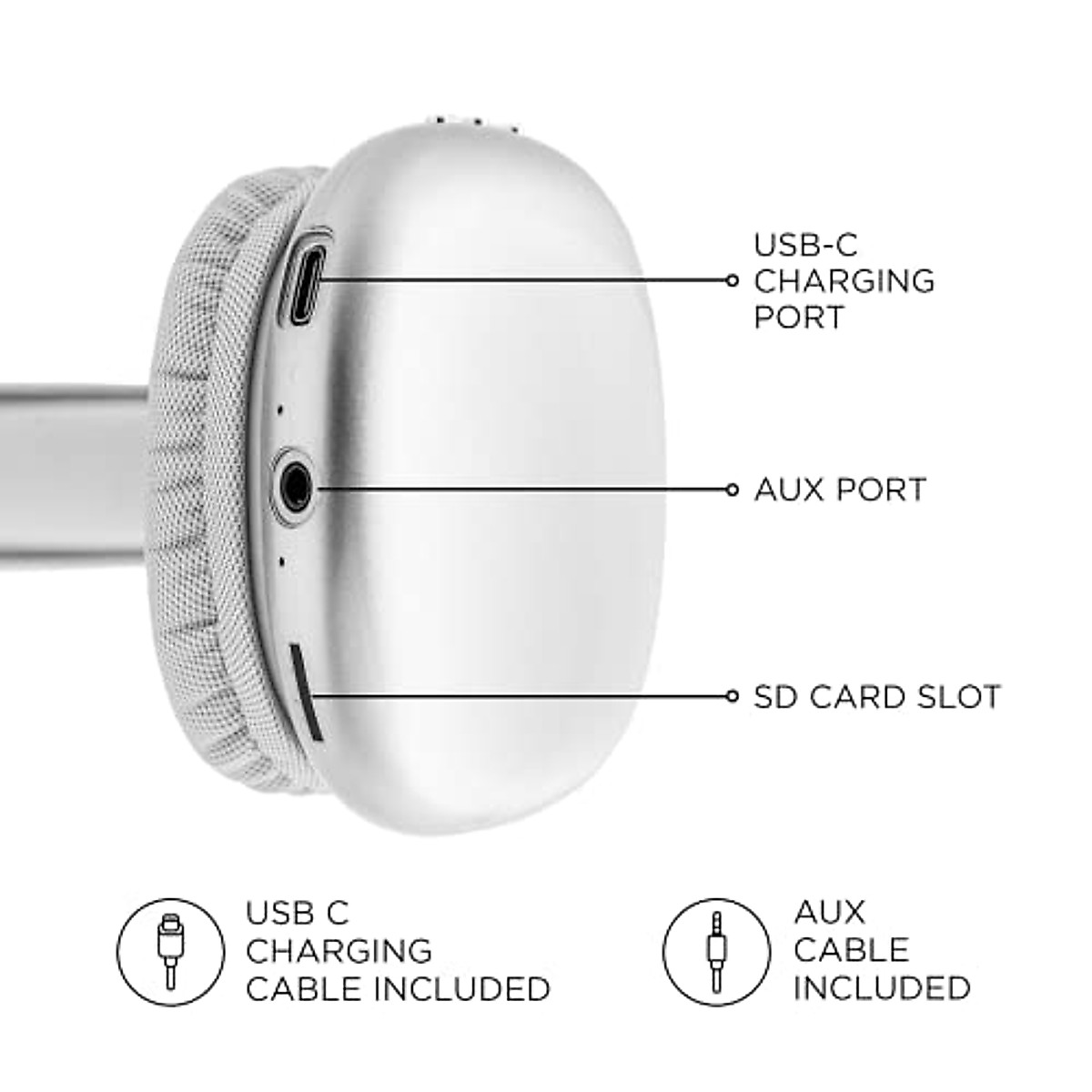 iJoy Ultra Wireless Headphones with Microphone- Rechargeable Over Ear Wireless Bluetooth Headphones with 10Hr Playtime, SD Slot, Backup Wire- Soft Cushion Wireless Headset with Mic (Silver)