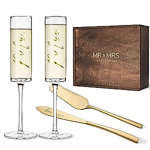 AW BRIDAL Champagne Glasses Engraved Mr & Mrs Gold Cake Cutting Set for Wedding Bridal Toasting Champagne Flutes, Wedding Gifts for Couple Cake Knife and Server Set for Anniversary Engagement Gifts